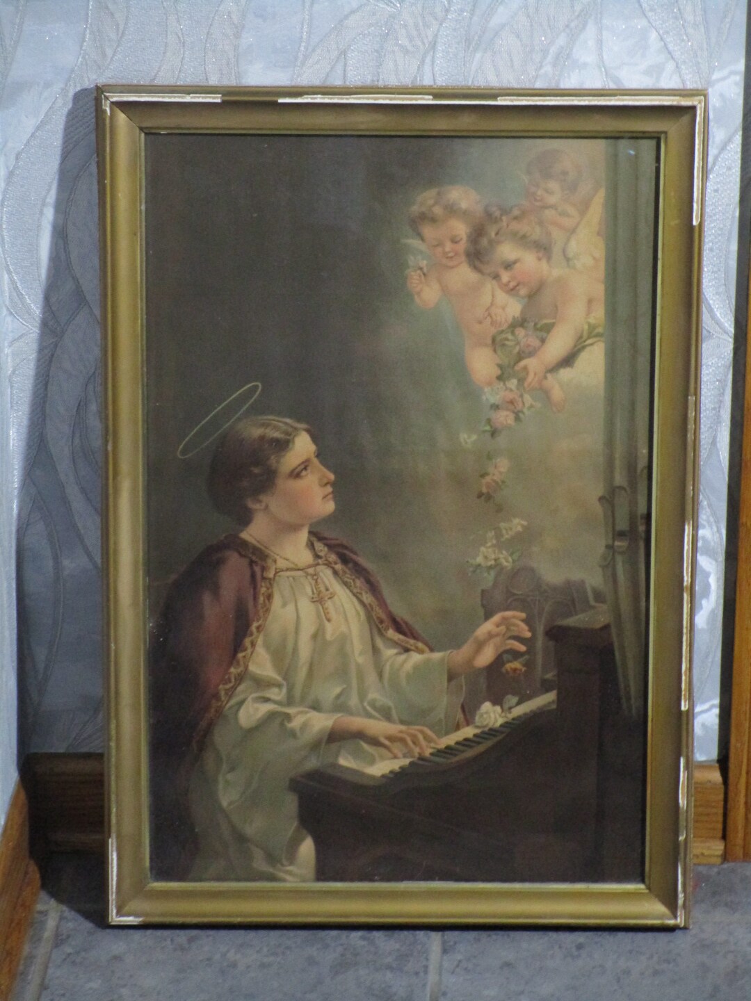 Antique Colored Lithograph St. Cecilia Patron of Musicians With ...