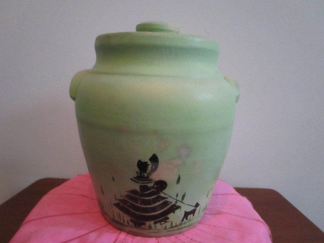 Crock With Lid Pig Ear Handles Cookie Jar Pottery Matte Green With Girl ...