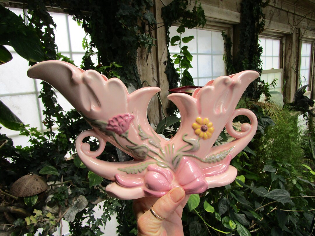 Vintage Cramer Mold Vase Double Cornucopia Retro Pink With Green Vines ...