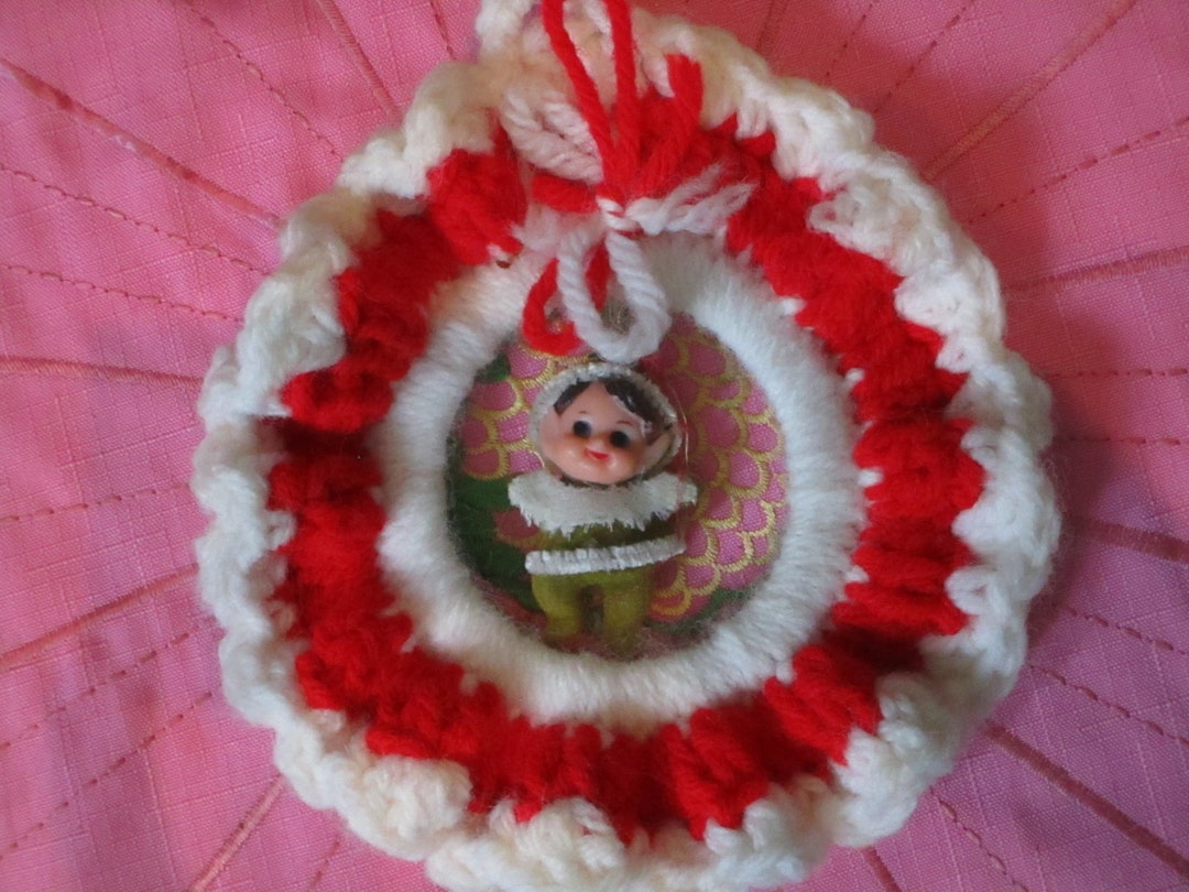 Miniature Kitschy Flocked Elf Hong Kong on Knitted Wreath Ready to Hang - Etsy