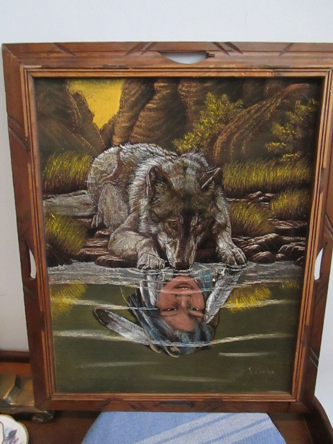 Wolf Reflection Painting on Velvet Signed by Artist Sanchez in Original ...