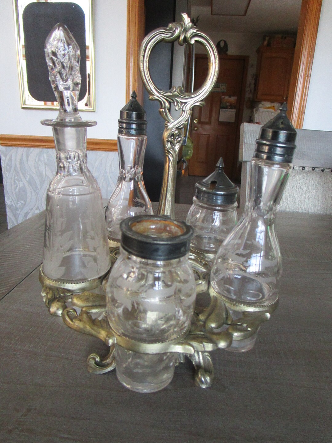 Antique Victorian Cruet With Footed Caddy & Etched Glass Condiment ...