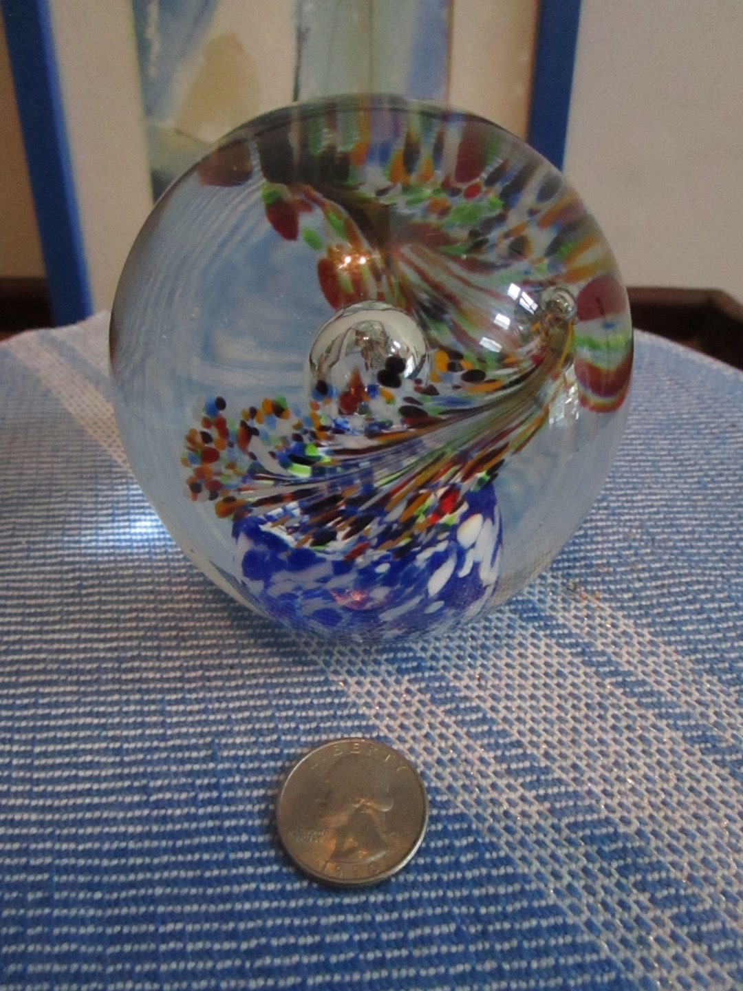 Art Glass Paperweight With Rainbow of Colorful,with Bubbles Glass Very ...