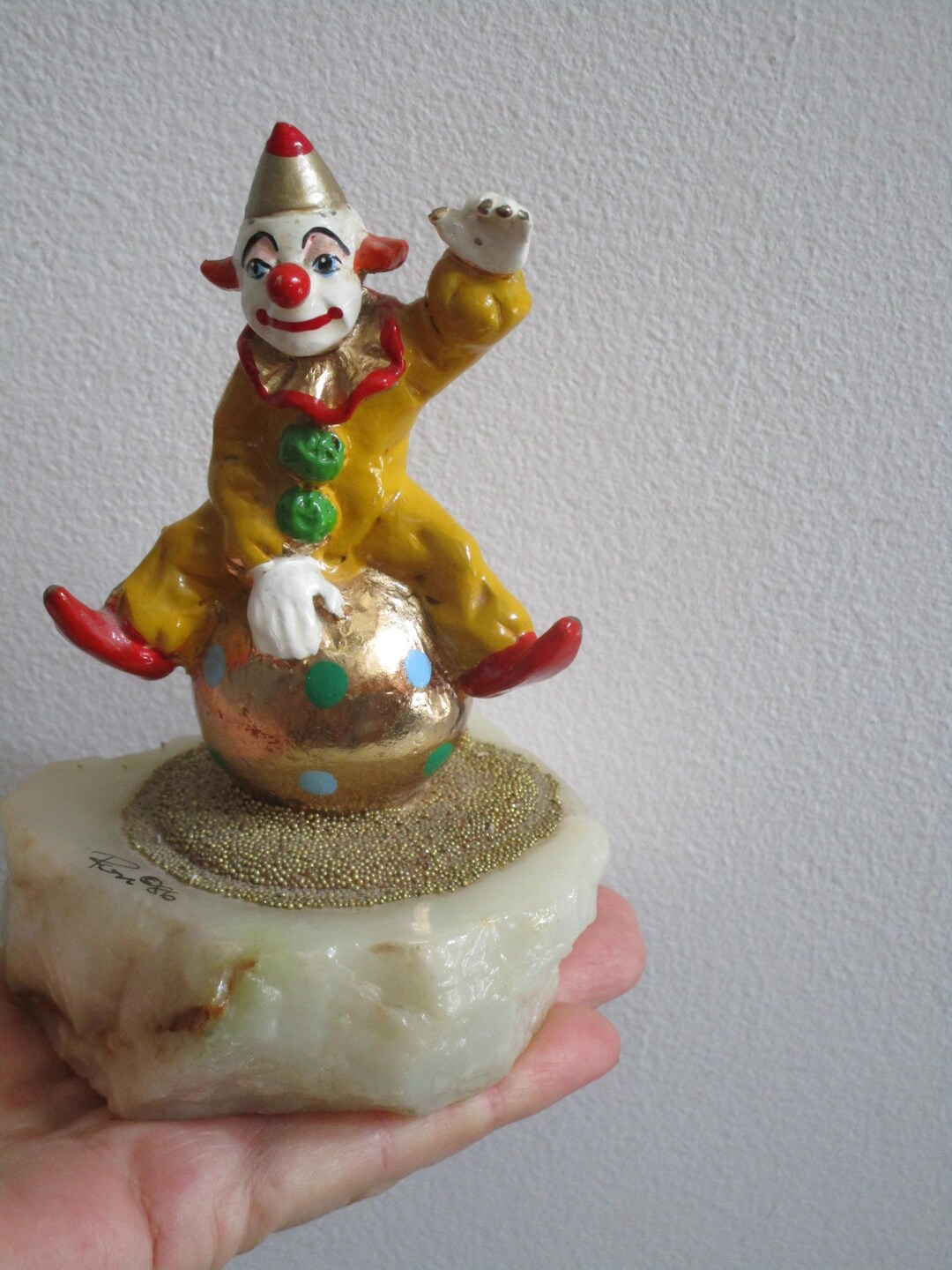 1986 Circus Clown Riding Bouncy Ball on Marble Base Signed by Artist ...