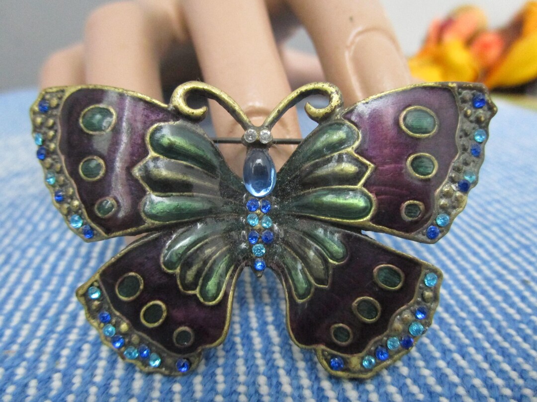 Vintage Enamel Blue Rhinestone Butterfly Brooch Costume Jewelry - Etsy