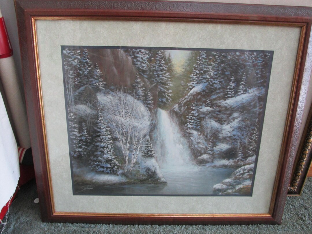 90s Pine, White Birch Trees, and Waterfalls With Wooden Frame Wall ...