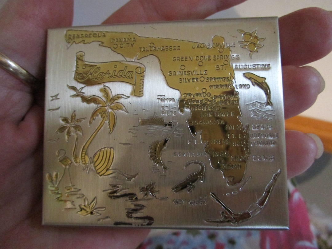 Rare Florida Coin / Money Compact Holder With Florida Map on Lid Gold ...