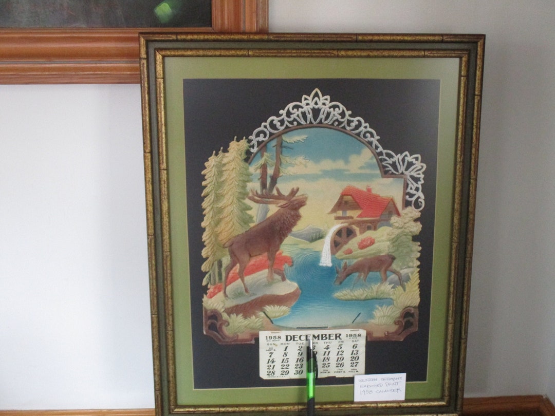 Beautiful 1958 Embossed Calendar Die-cut Lithographed Matted & Framed ...