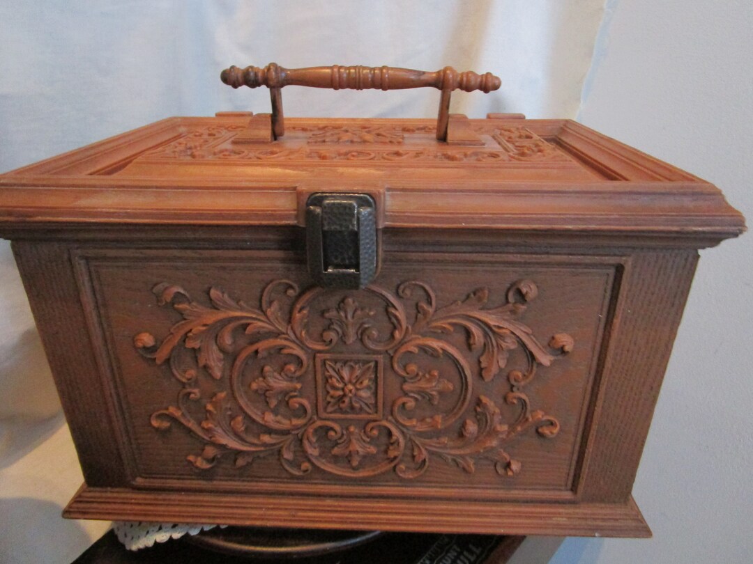 1980's Max Klein Brown Woodgrain Hard Plastic Sewing Chest Box With ...