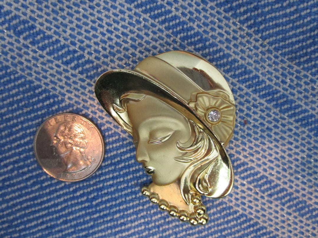 Gold Tone Silhouette Head Bust Brooch With Rhinestone - Etsy