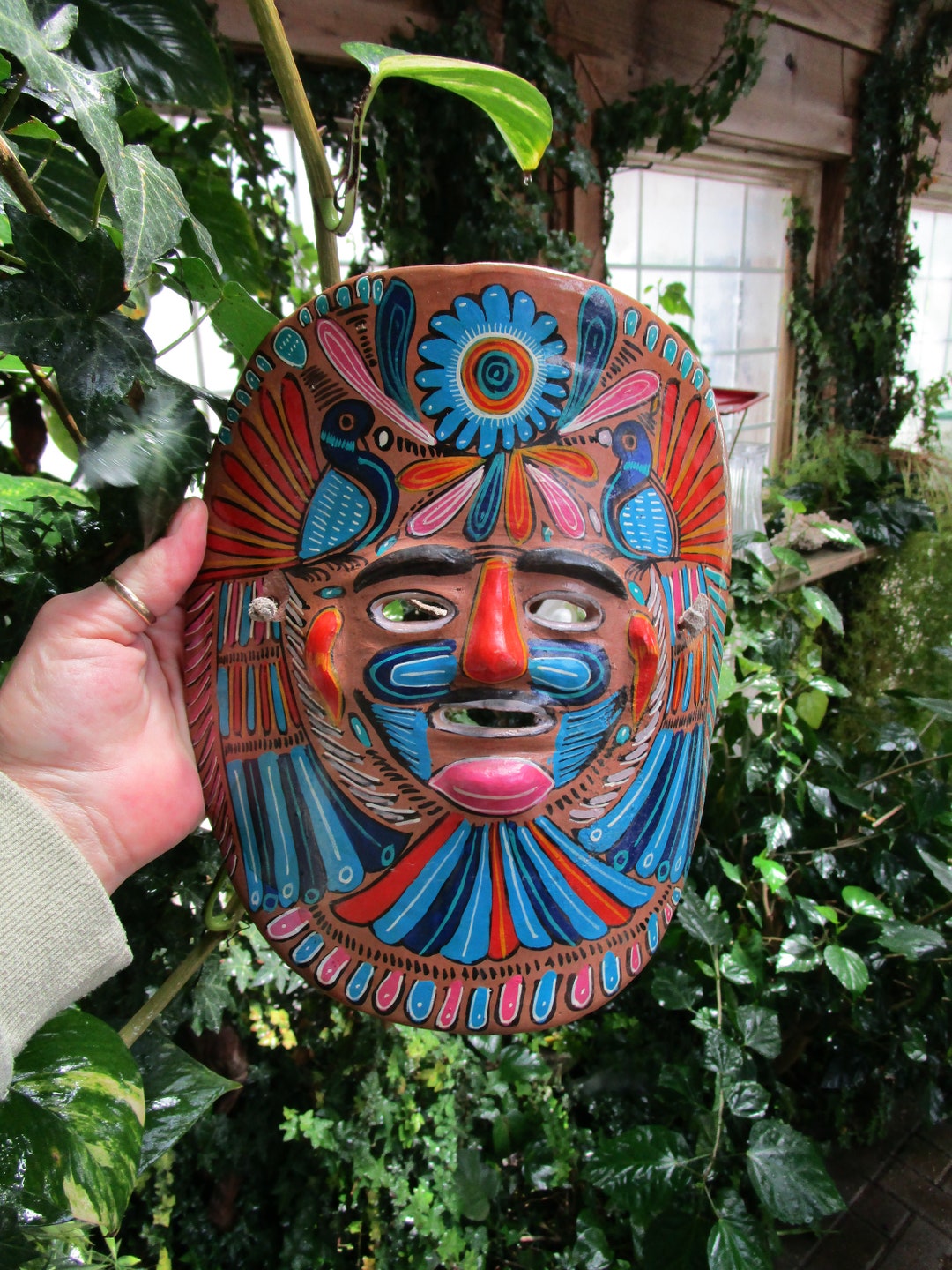 Colorful Birds Folk Art Hand Painted Clay Mask Wall Hanging Home Decor ...