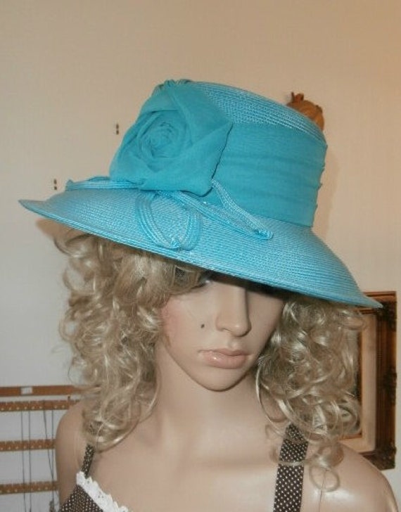 Women's Blue Rose Vacation / Wedding Large Brim Hat … - Gem