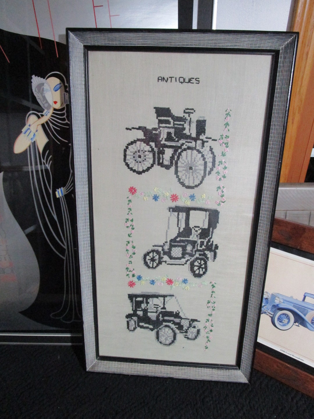 Antique Needlepoint Cars Automobile Large Hand-made heavy Framed ...