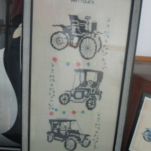Antique Needlepoint Cars Automobile Large Hand-made -heavy Framed ...