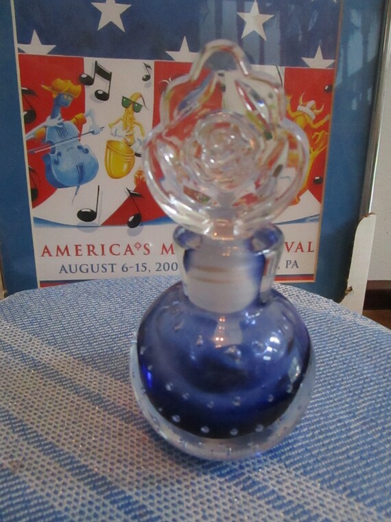 Indigo Blue Bubble Glass Perfume Bottle with Floral S… - Gem