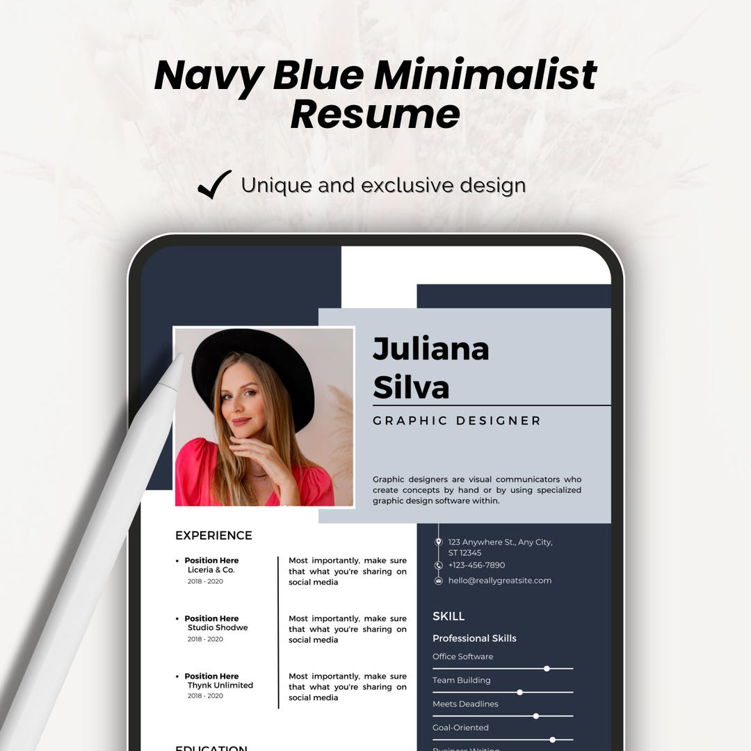 Navy Blue Minimalist Resume Template, Clean Professional CV, Modern ...