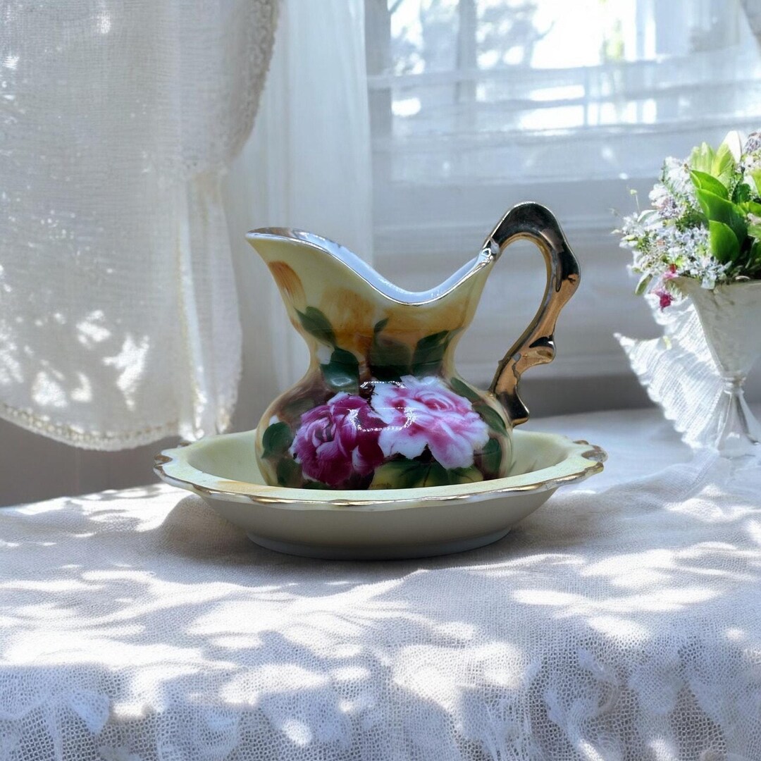 Vintage Enesco® Porcelain Mini Pitcher and Bowl Wash Basin Set W/pink ...