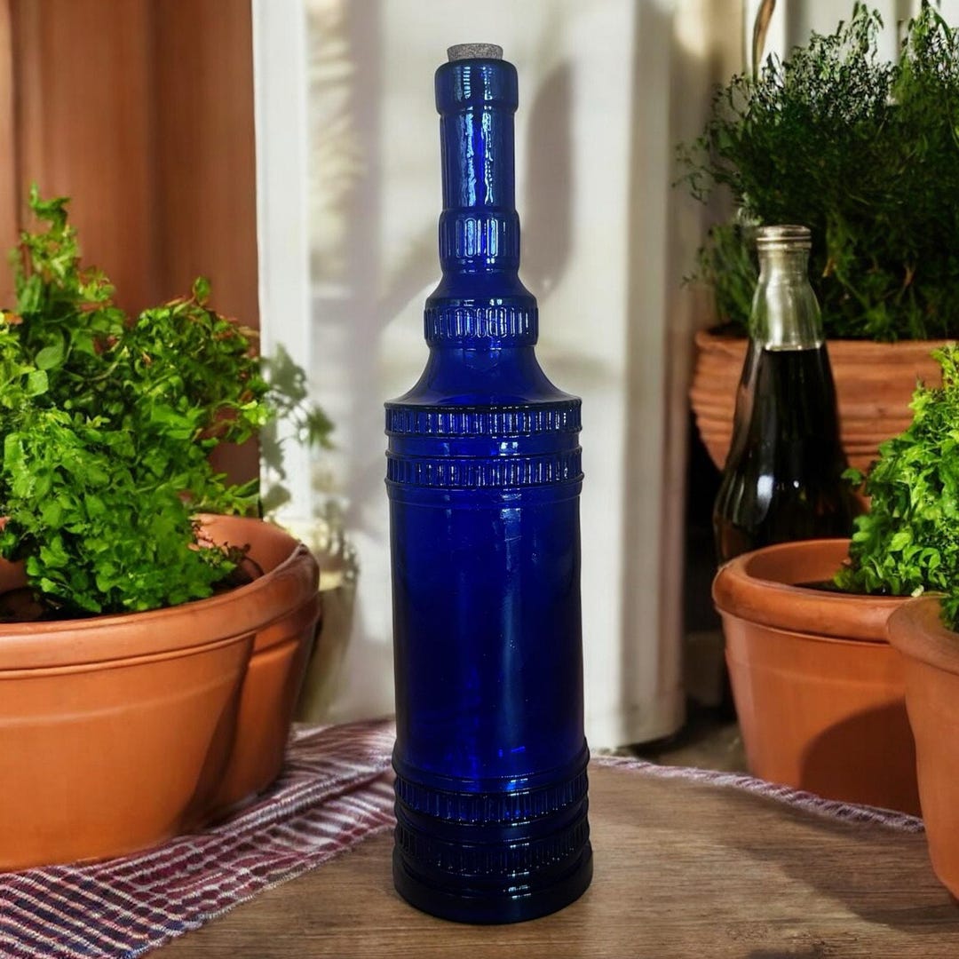 Vintage Cobalt Blue Glass Bottle With Cork – 12” Tall, Hi-mark China - Etsy