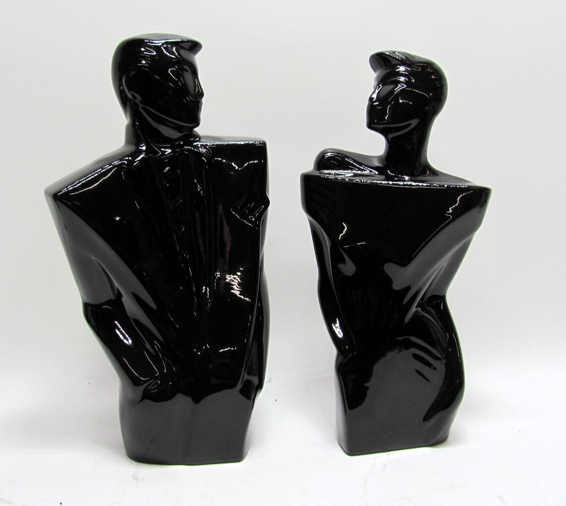 80s Art Deco Man Woman Statues / Lindsey B BALKWEILL Style Black ...