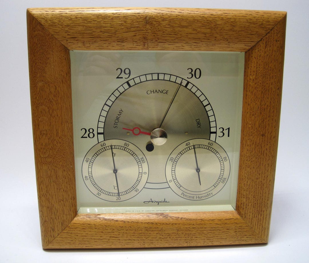 Vintage Airguide Barometer Wood Oak Weather Station Thermometer USA Mid ...