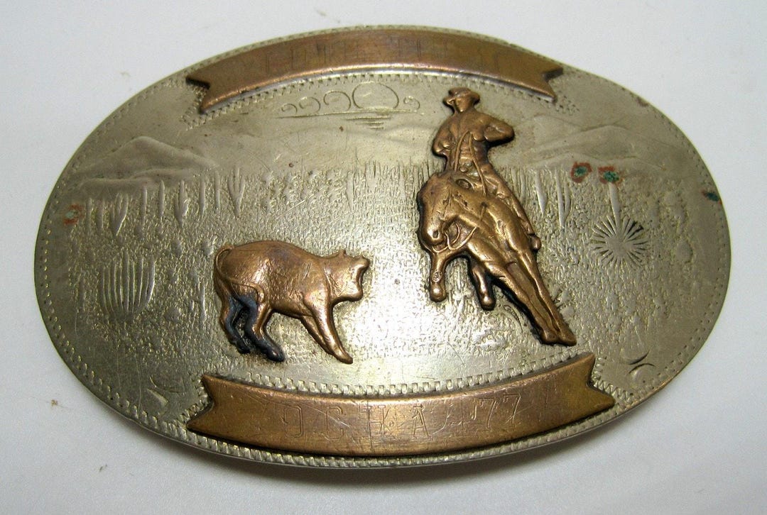 Vintage Comstock Silversmiths German Silver Cowboy Calf Roping Oval ...