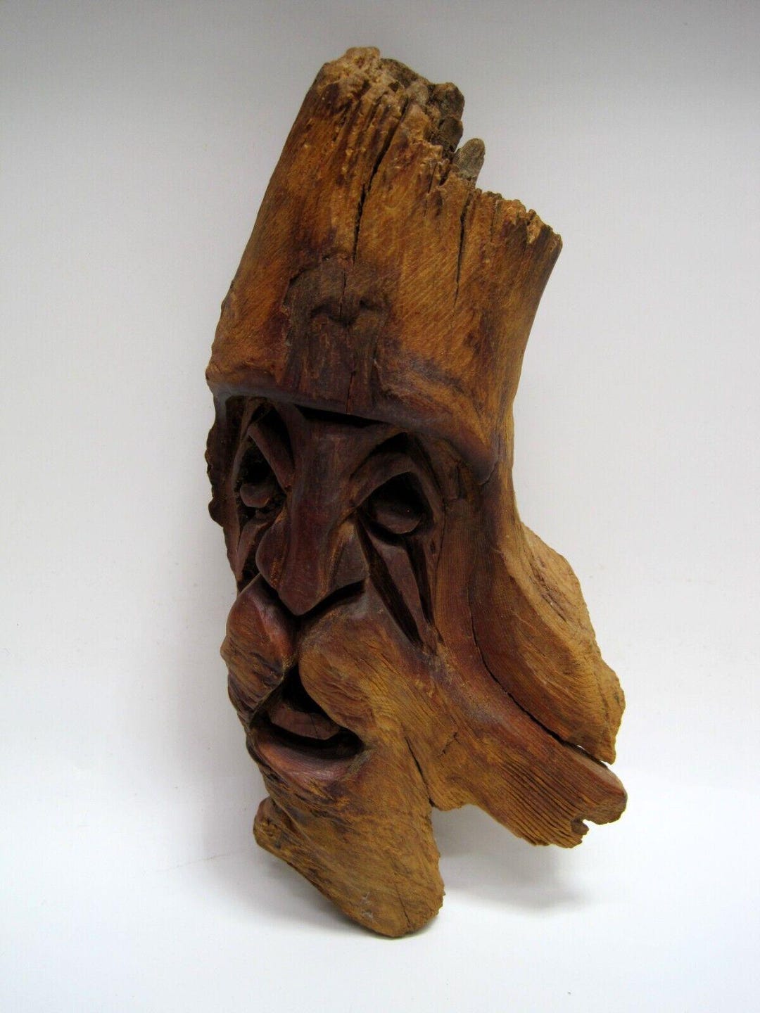 Hand Carved Wood Spirit Face Tree Bark Log Sculpture Hanging Signed ...