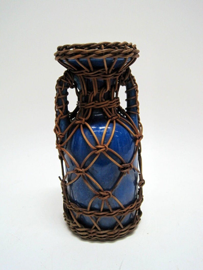 Vintage Awaji? Pottery Asian Cobalt Blue Bamboo Rattan Wrap 7” Vase - Etsy