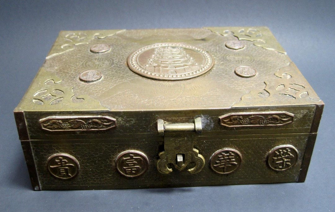 1920's Vintage Chinese Etched & Embossed Brass Cigar Export Box Wood ...