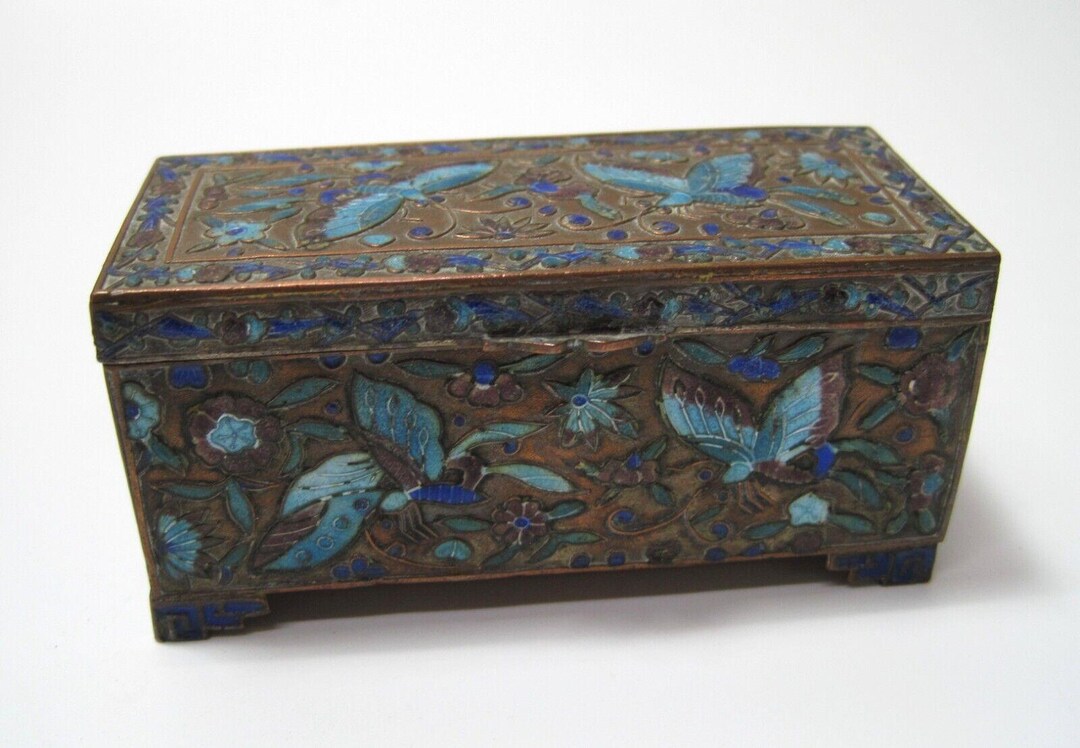Antique Chinese Enamel Champleve Brass Stamp Box W/butterfly & Flower ...