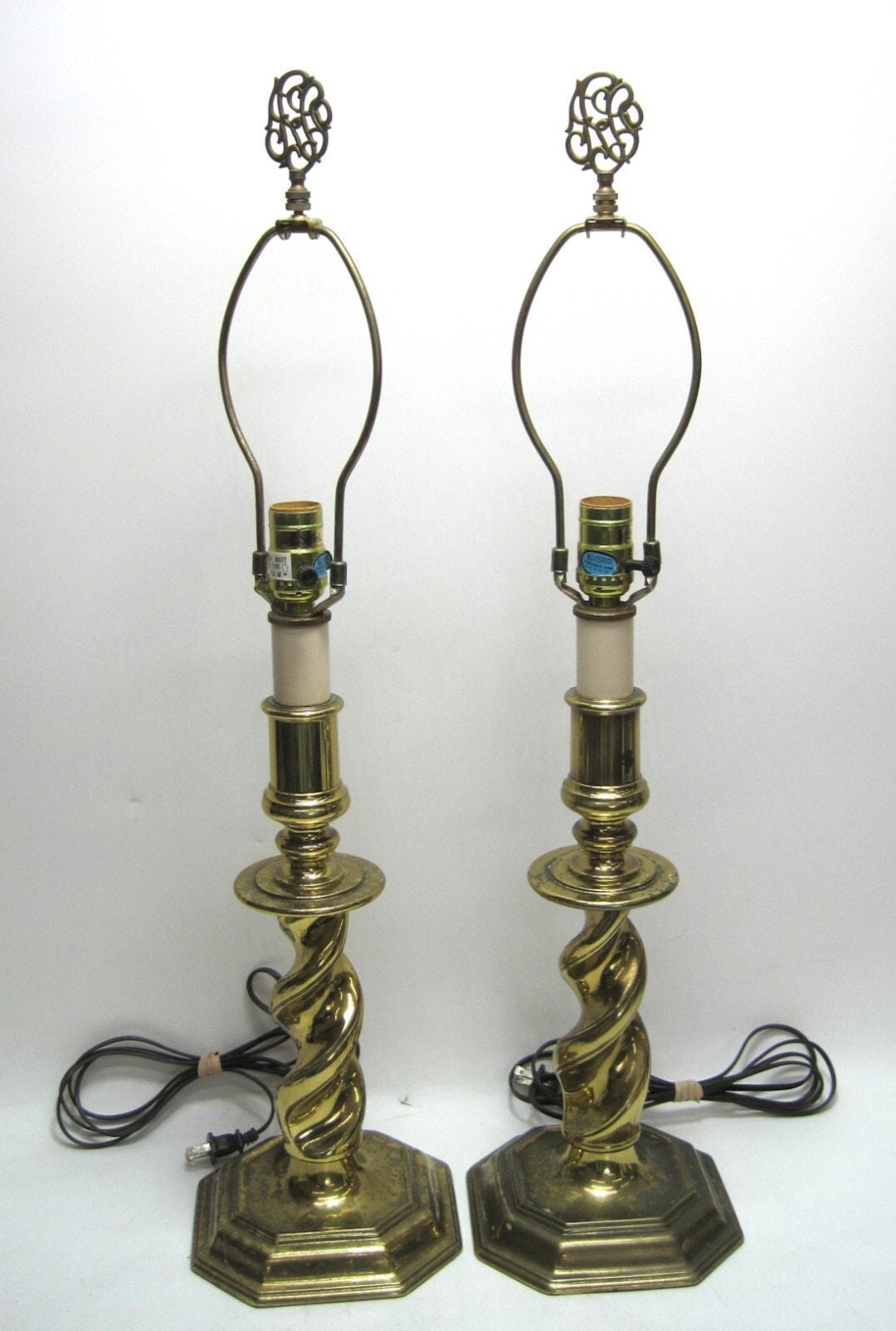 Pair Vintage Stiffel Barley Twist Candlestick Table Lamps 26" Brass W ...