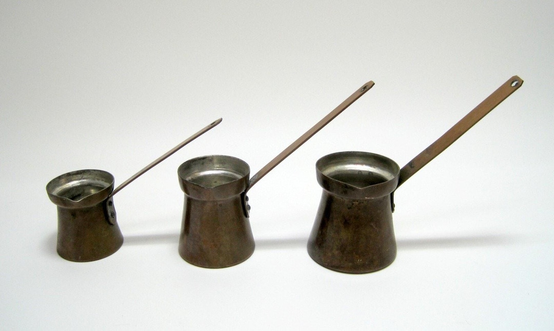 Set of 3 - Vtg Copper Melting Pot Measuring Cup Pour Spout Long Scroll ...