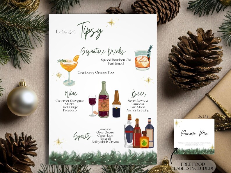 Toasty and Tipsy Christmas Dinner Menu and Bar Sign Template, Printable ...