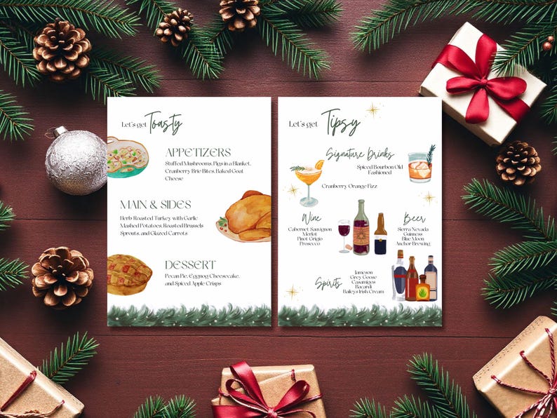 Toasty and Tipsy Christmas Dinner Menu and Bar Sign Template, Printable ...
