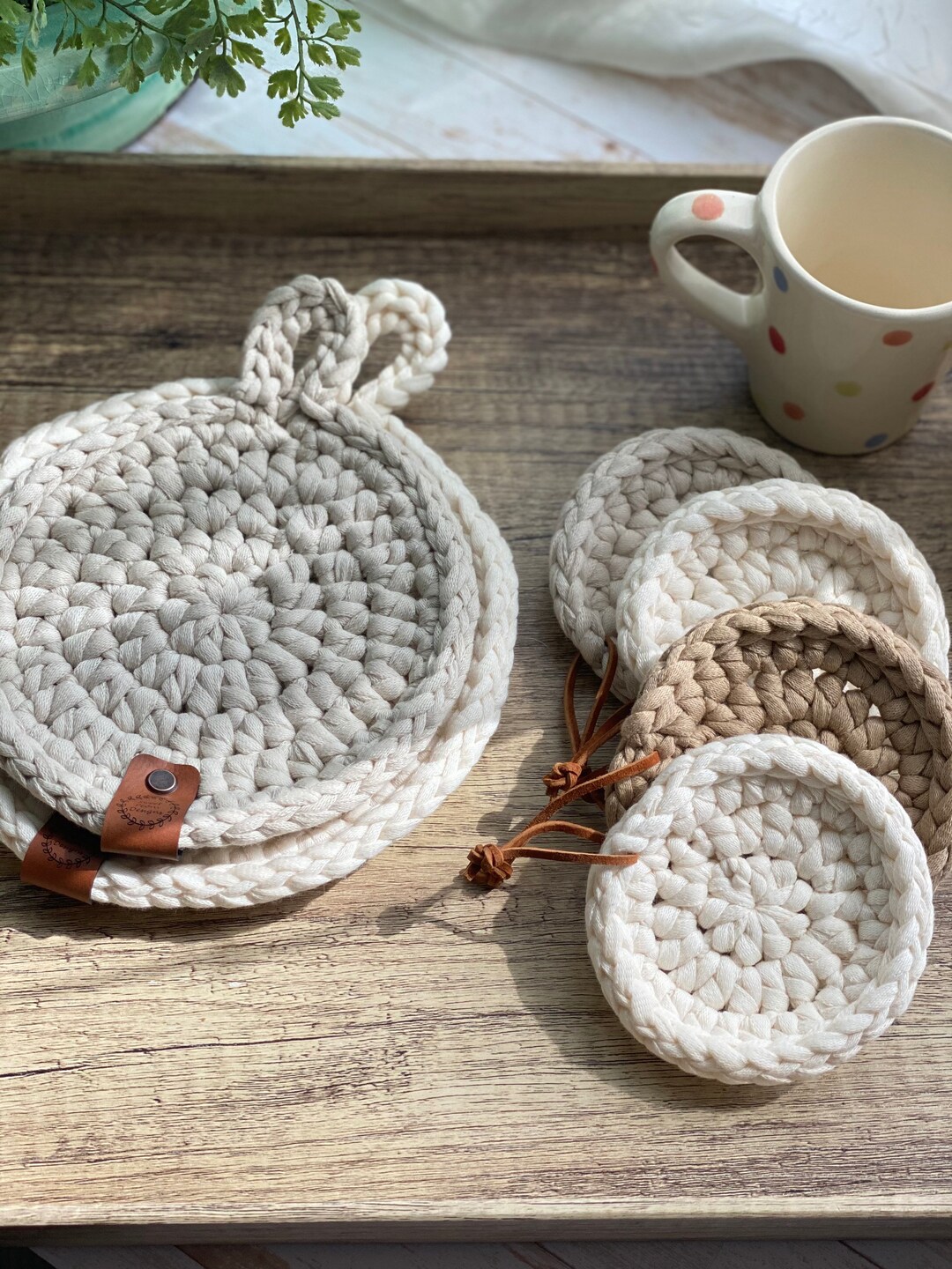 Farmhouse Style Trivet Set Crochet Coaster Set Cotton and Leather ...