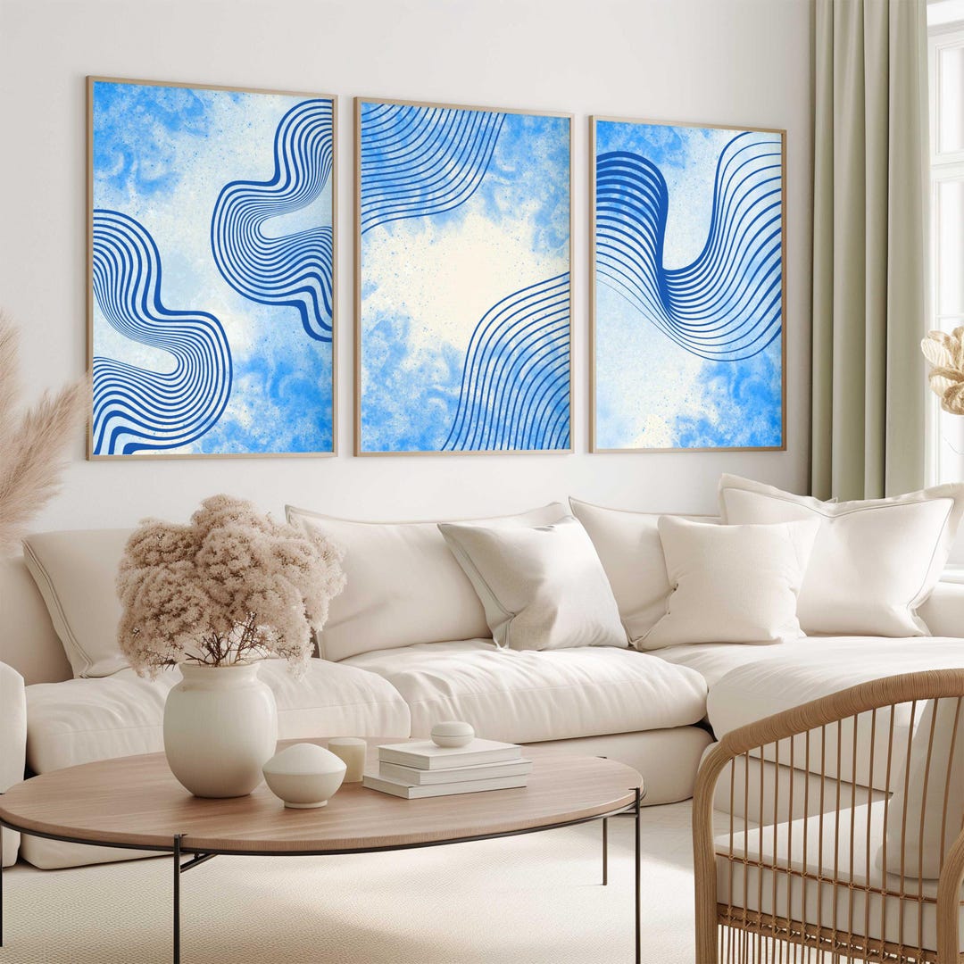 Modern Abstract Blue Wall Art - Set of 3 Watercolour Prints With ...
