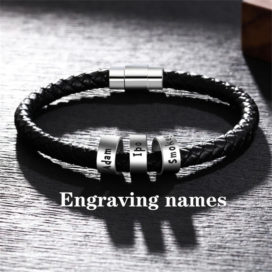 Personalized Mens Leather Bracelet, Custom Engraved Name Bracelet for ...