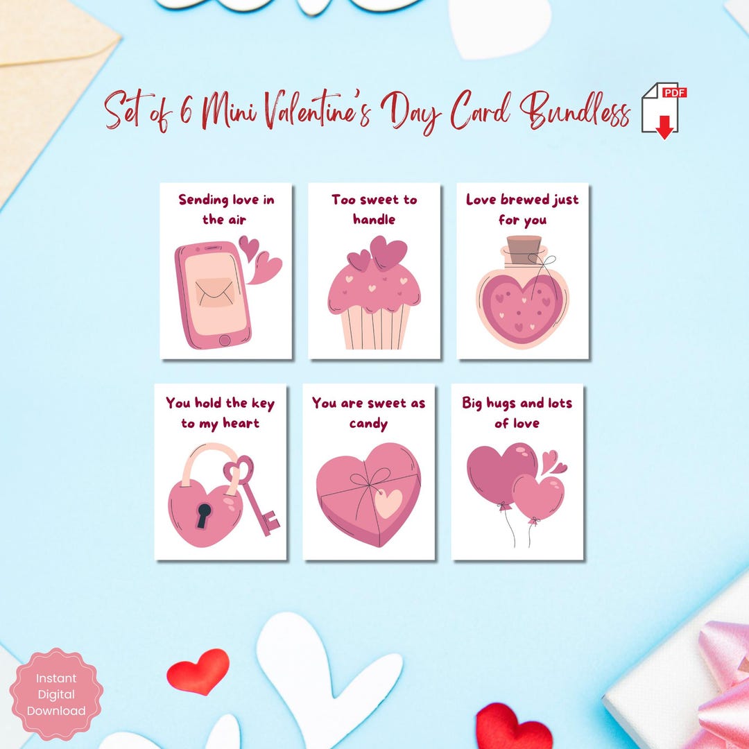Set of 6 Printable Mini Valentines Day Card Bundle, 3x4 Inch, Instant ...