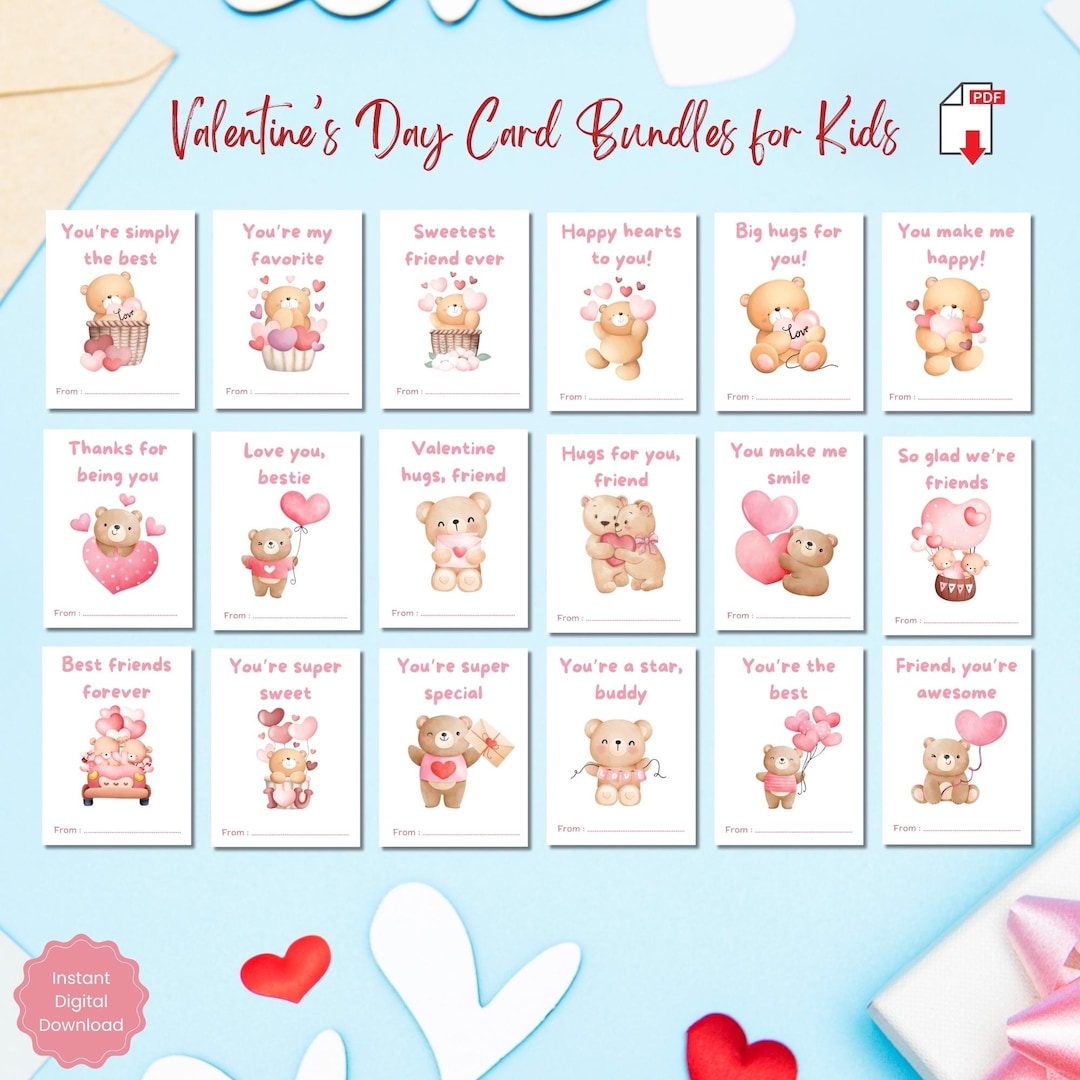 Classroom Valentines Printable Cards for Kids, Valentines Day Gift Tags ...
