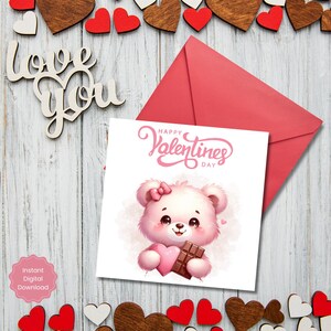 Set of 4 Printable Valentines Day Cute Teddy Bear Cards, 4.75"x4.75 ...