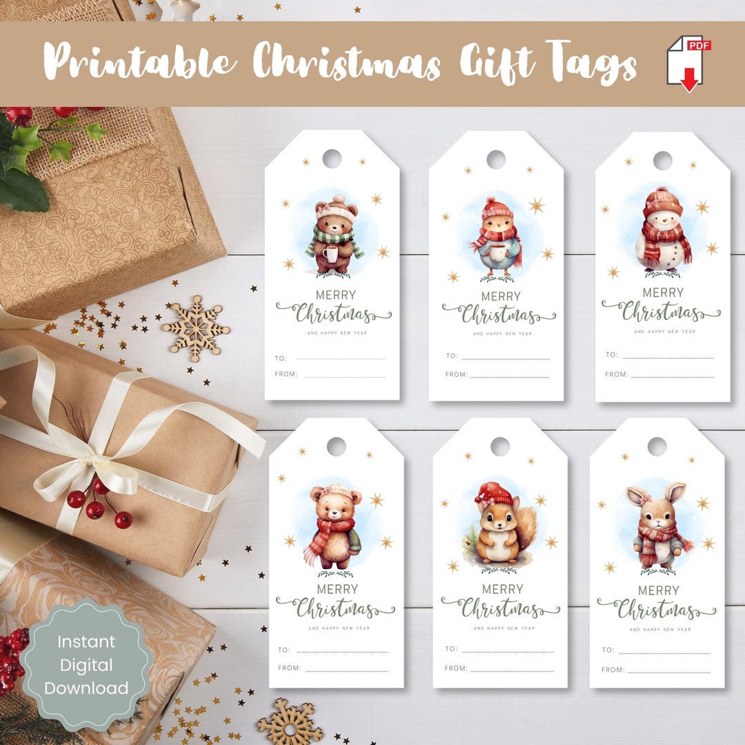 Set of 6 Printable Christmas Gift Tags, Merry Christmas Holiday Tags ...