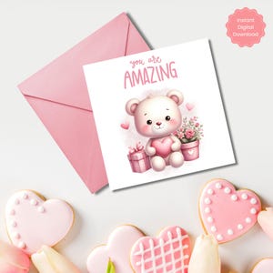 Set of 4 Printable Valentines Day Cute Teddy Bear Cards, 4.75"x4.75 ...