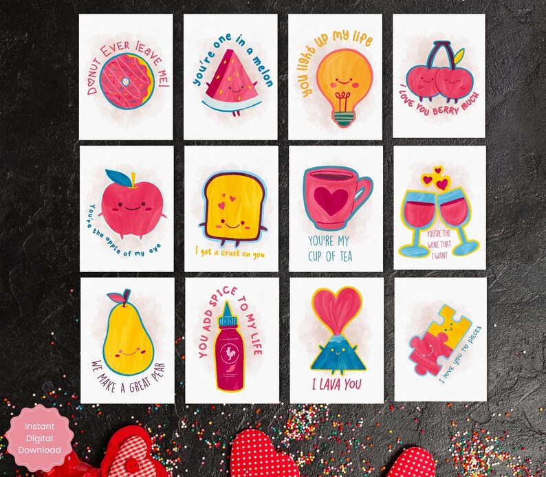 Set of 12 Printable Food Pun Cards, Teen Classroom Exchanges, Funny ...