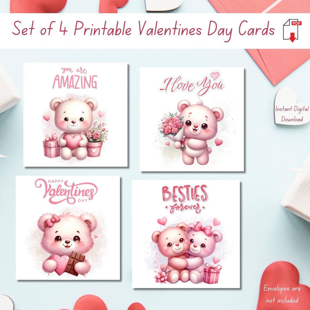 Set of 4 Printable Valentines Day Cute Teddy Bear Cards, 4.75"x4.75 ...