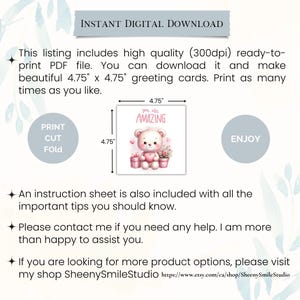 Set of 4 Printable Valentines Day Cute Teddy Bear Cards, 4.75"x4.75 ...