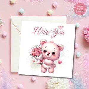 Set of 4 Printable Valentines Day Cute Teddy Bear Cards, 4.75"x4.75 ...