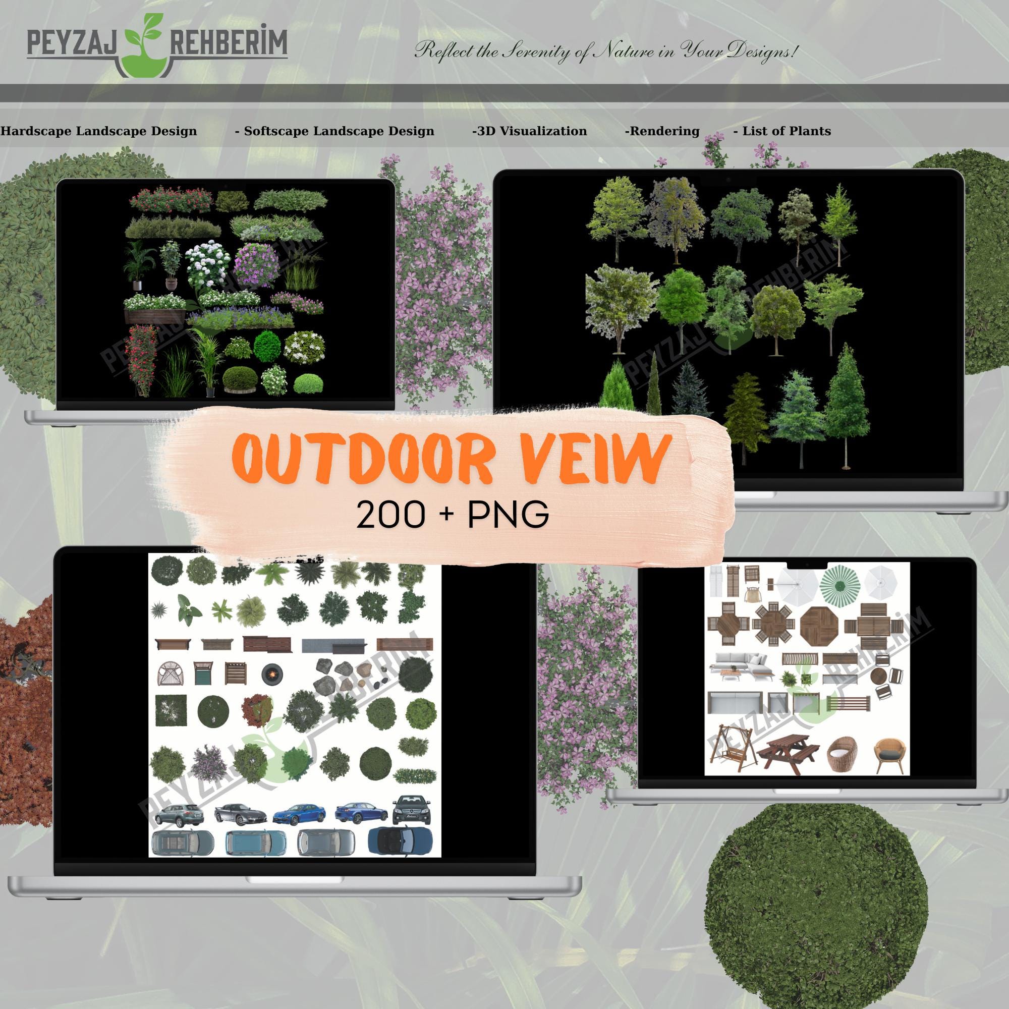 2D Landscape PNG Set Trees, Cars, Furniture & Textures-garden Design ...