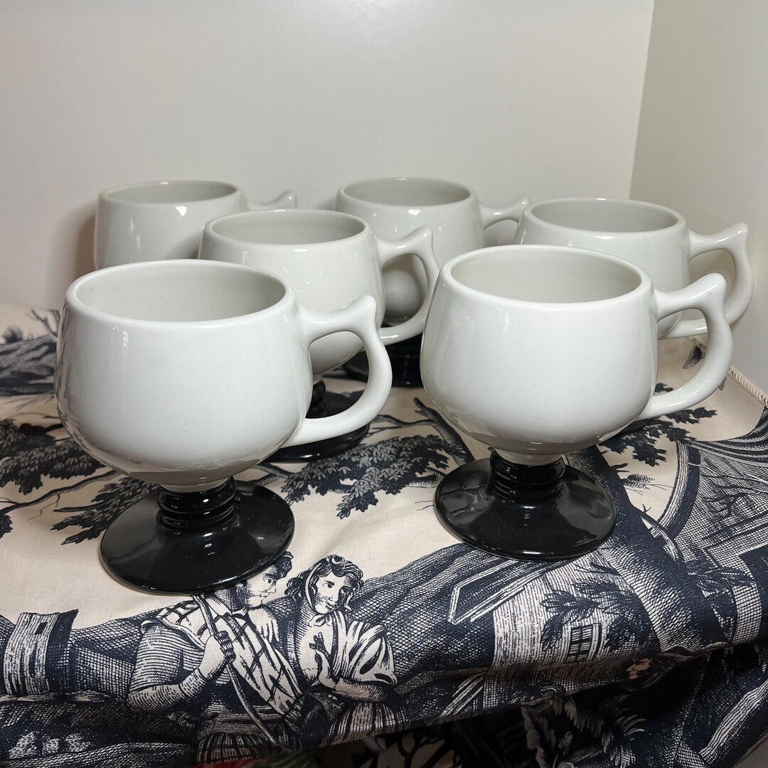 Set of 6 Vintage Hall Pedestal Mugs White With Black Bases 8 Ounce ...