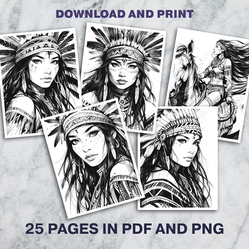 Native American Indian Women Portraits 25 Coloring Book Pages With ...