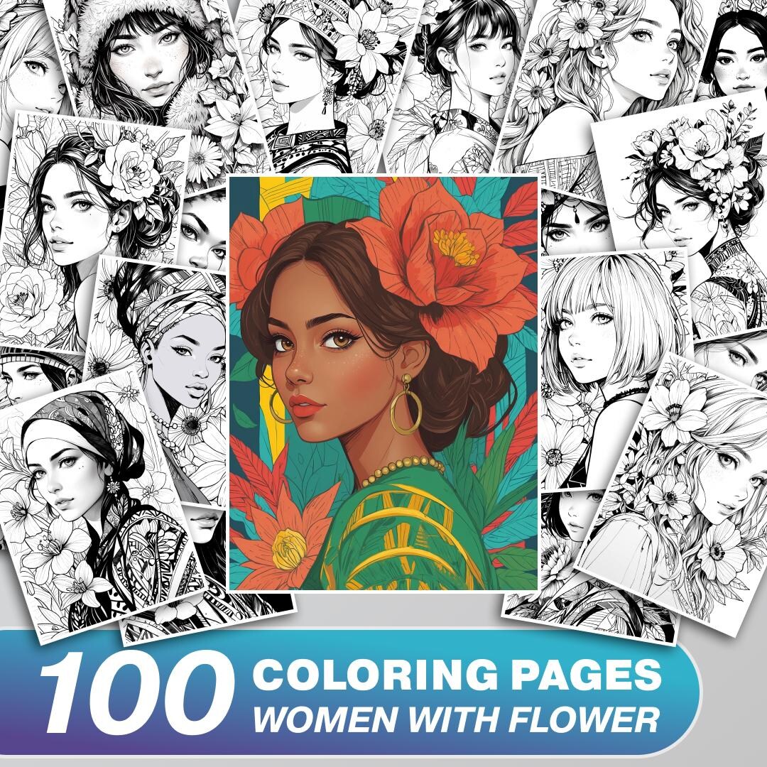 100 Portrait Coloring Pages: Floral Designs (PDF & PNG) - Etsy