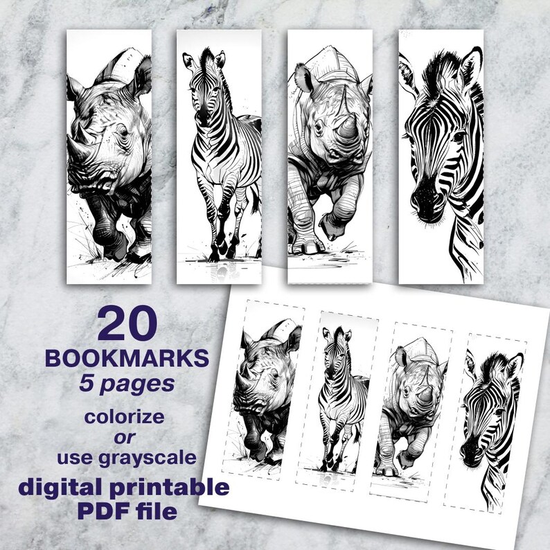 African Animals Coloring Bookmarks: Ink Drawing, 20 Printable Pages ...